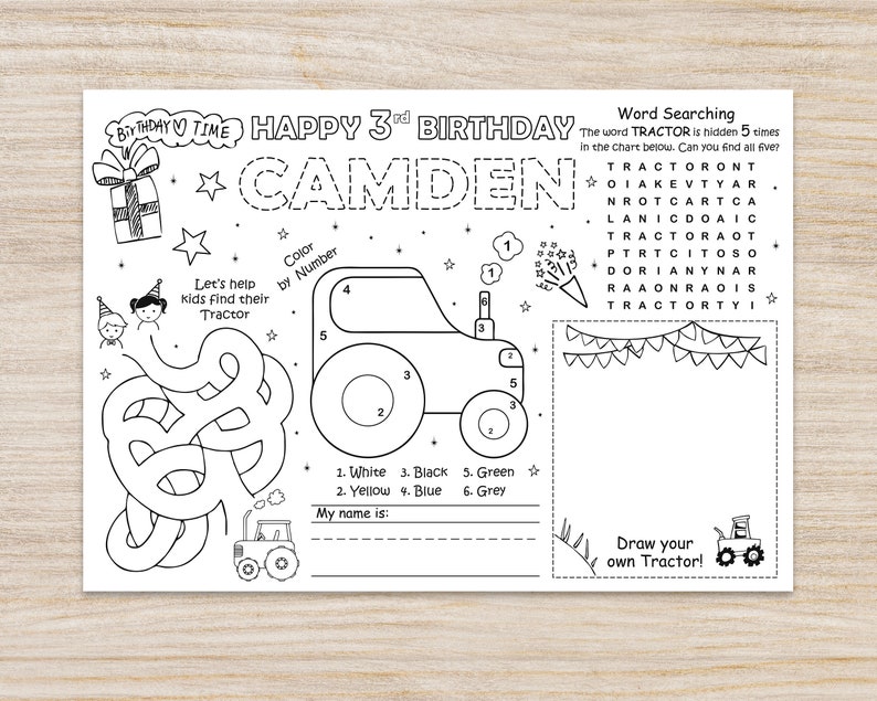 Tractor Birthday Party Coloring Pages, Kids Placemat, Personalised ...