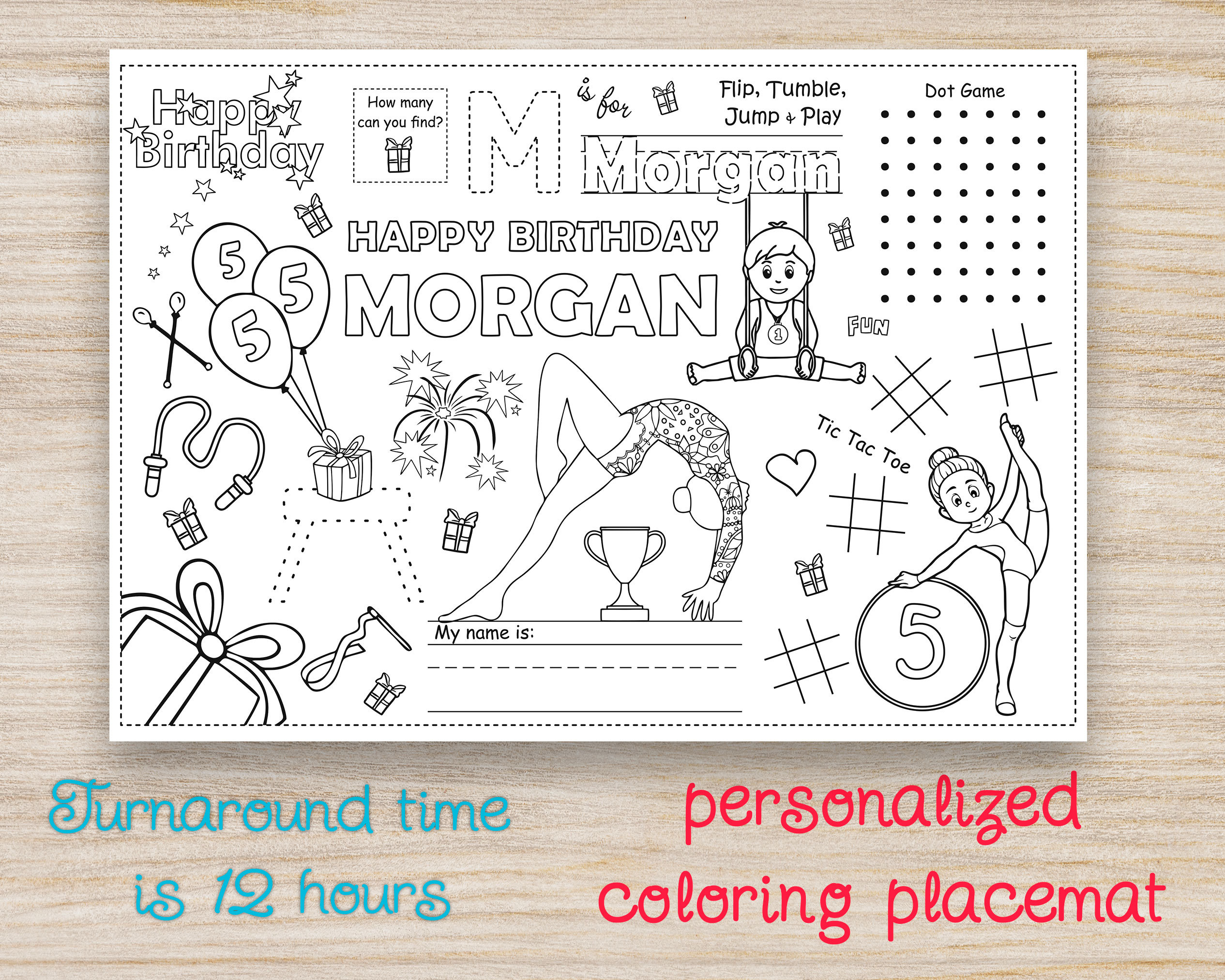 Gymnastics Birthday Party Activity Coloring Placemat 1st 2nd - Etsy
