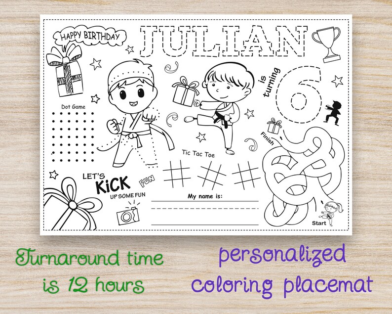 Karate Birthday Party Coloring Placemat, Custom Printable Personalized ...