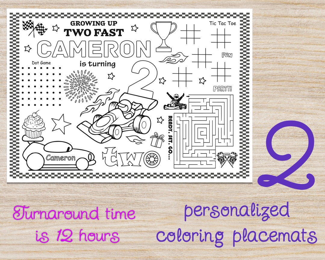 Two Fast Birthday Party Coloring PLACEMATS, Race Car Second ...