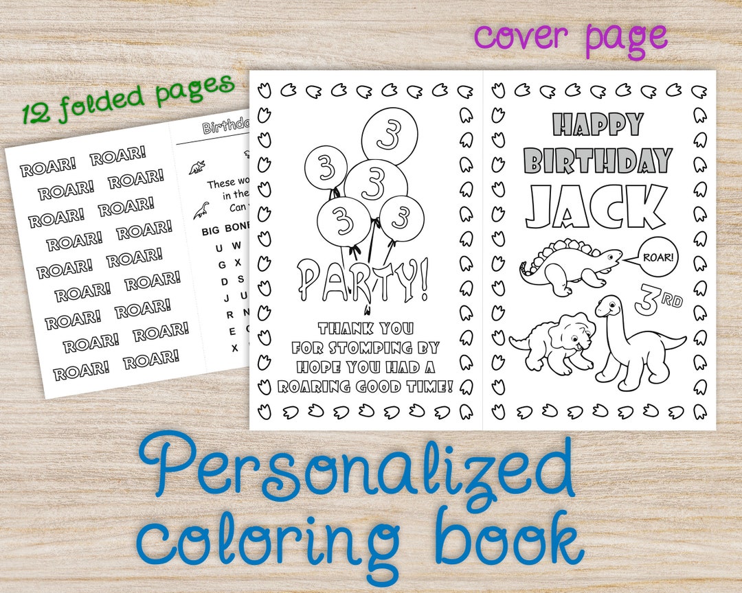 Dino Birthday Party Coloring Book, Personalized, Dinosaur Party Favors ...