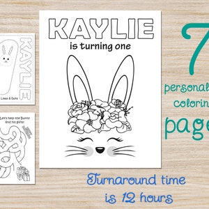 Personalized BUNNY Birthday Party Activity Coloring Pages, Printable ...