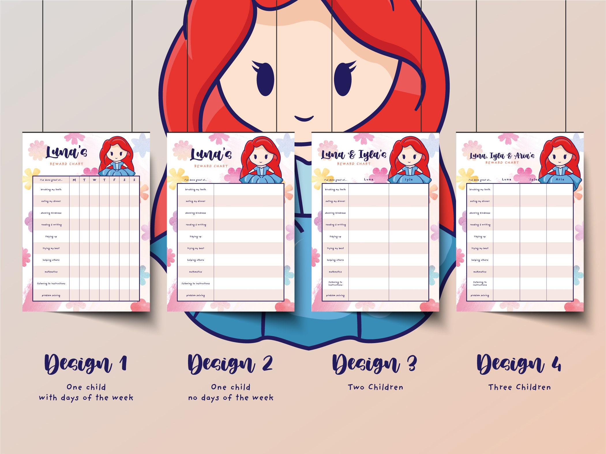 Wood Hanger Framed Princess Reward Chart, Ariel, Bespoke for Boys or ...