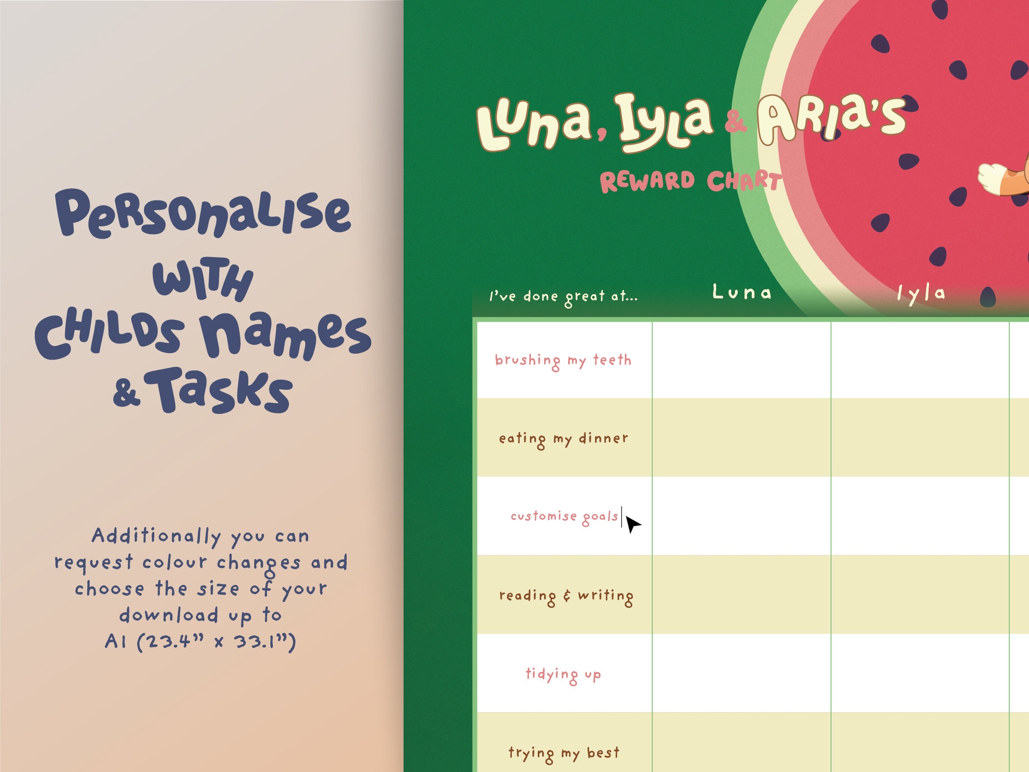 Wood Hanger Framed Bluey Reward Chart, Bingo Watermelon, Bespoke for ...