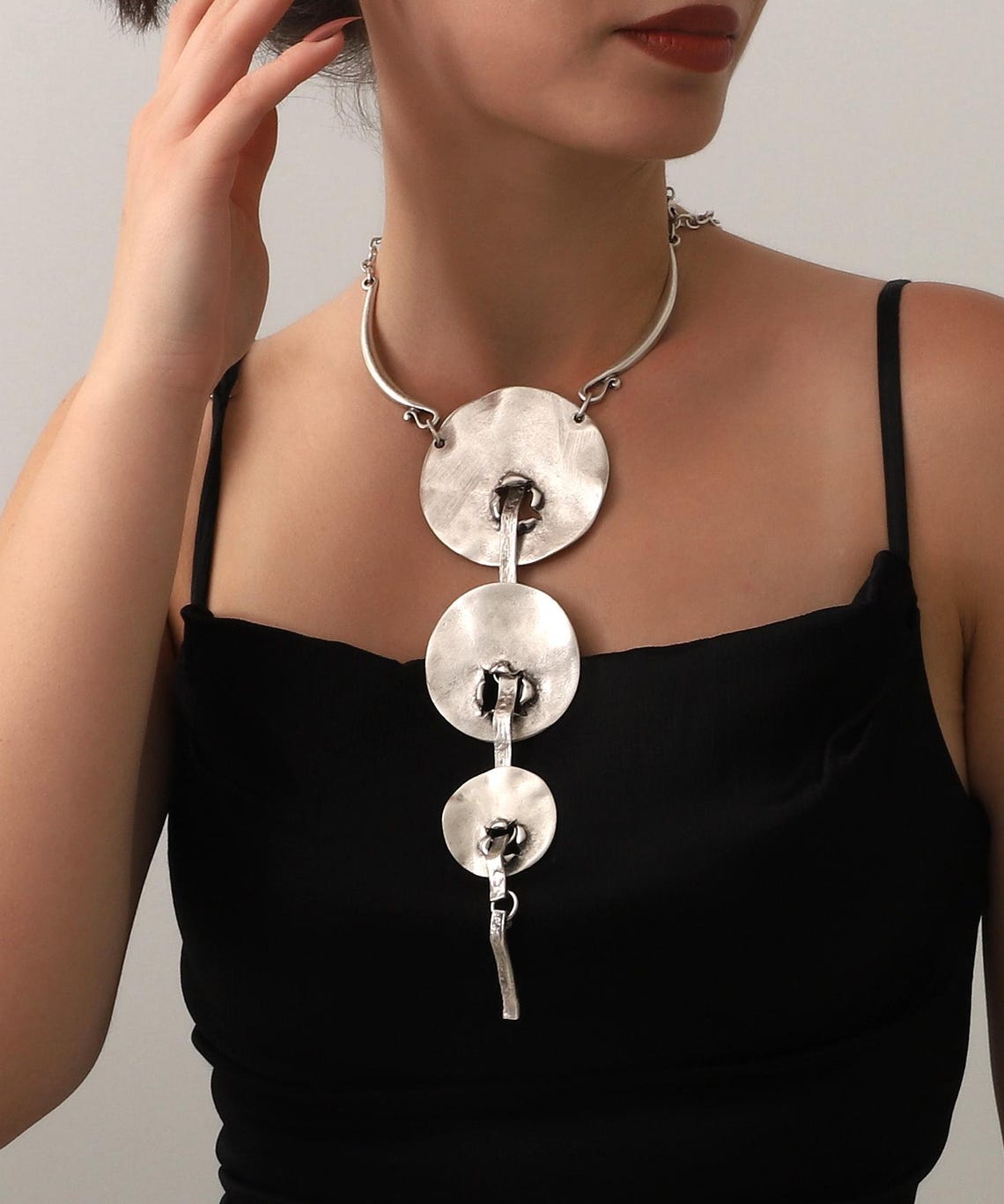 Statement Long Necklace for Women,silver Chunky Hammered Necklace ...