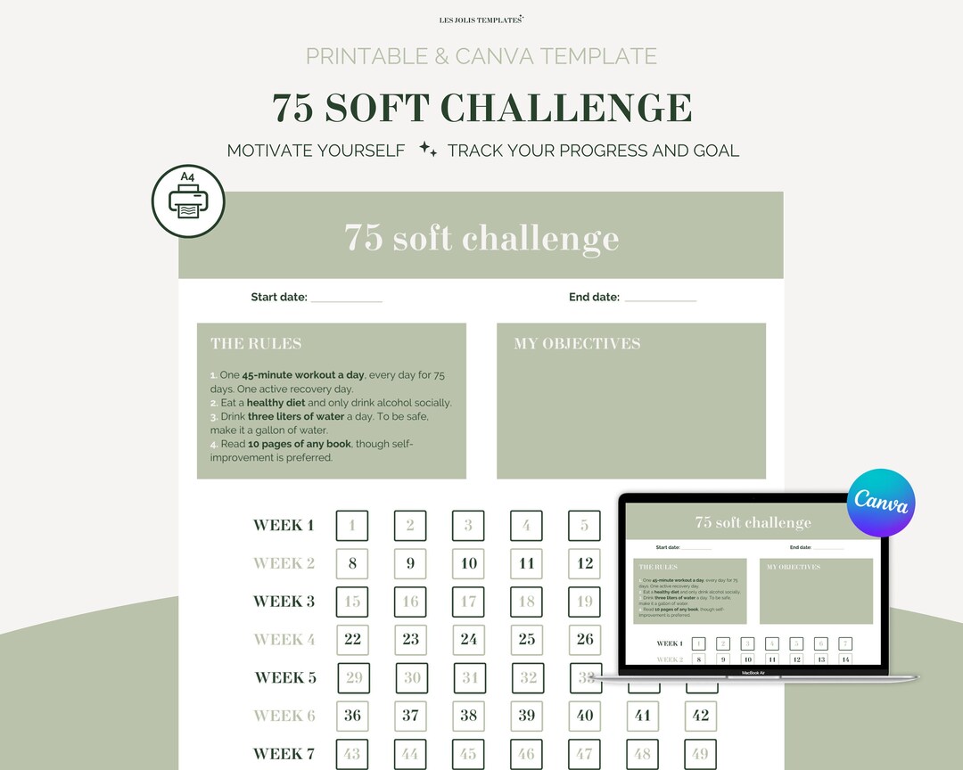 75 Soft Challenge Printable, 75 Days Soft Challenge Canva Editable ...