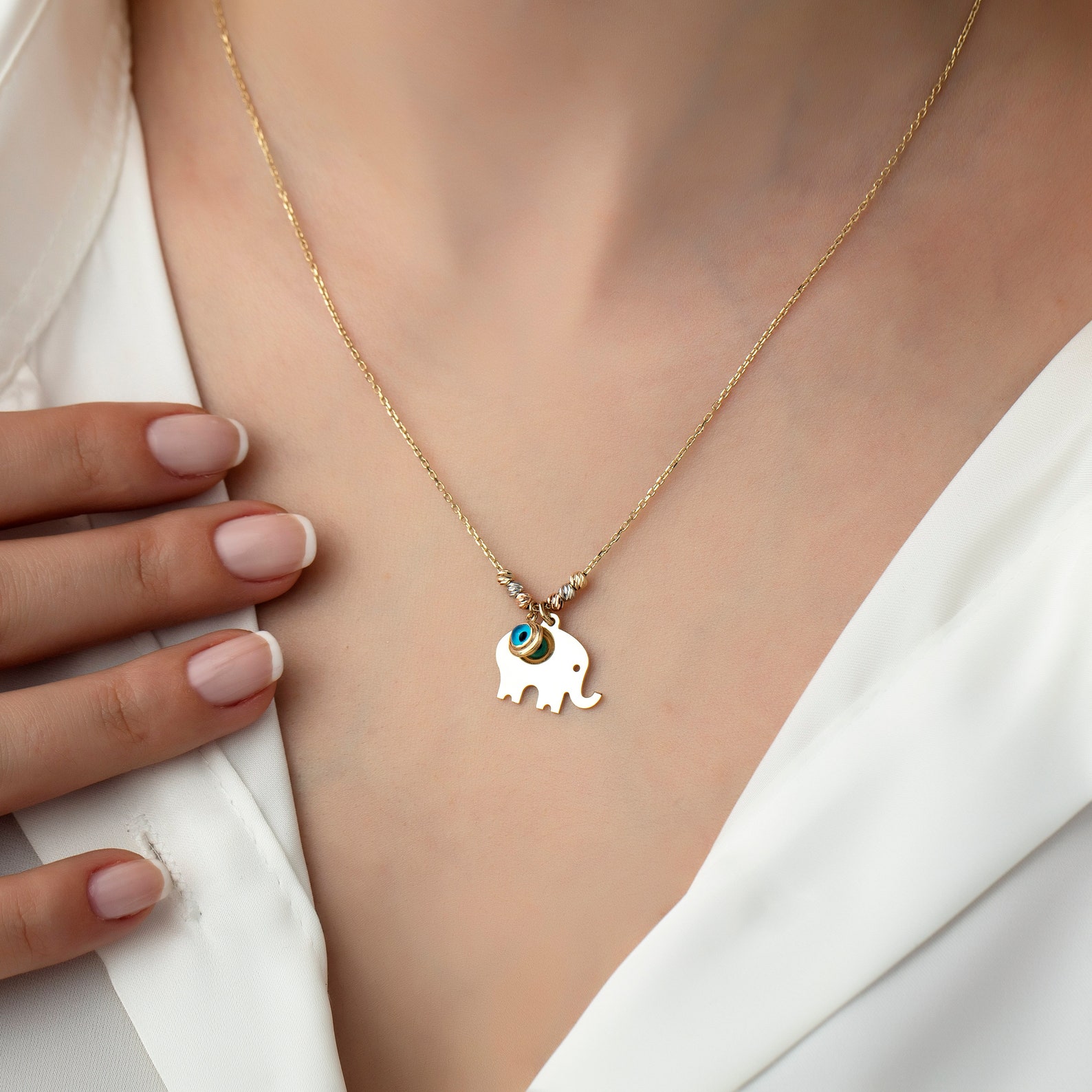 14K Solid Gold Evil Eye Elephant Necklace, Lucky Pendant - Etsy