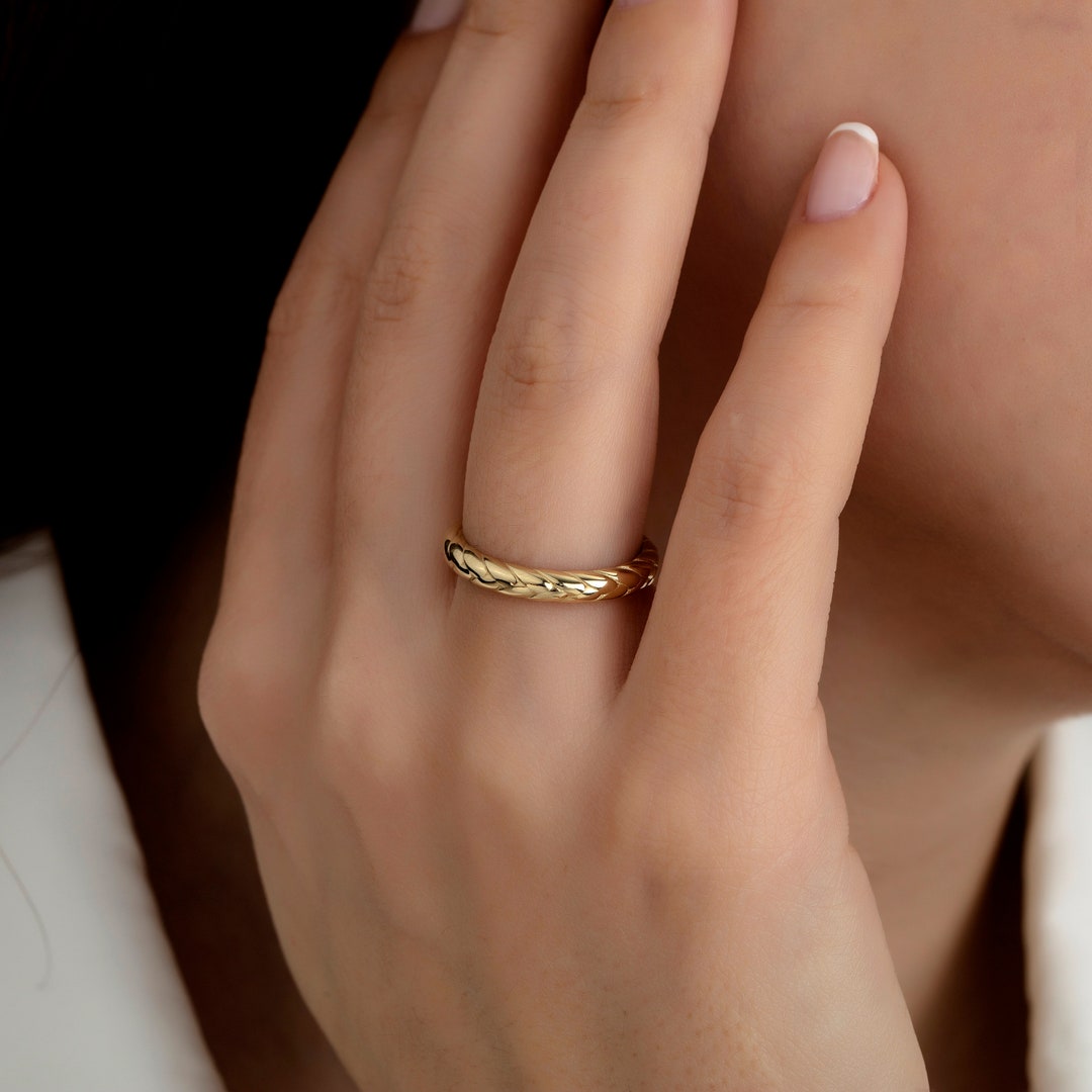 14K Solid Gold Braided Ring • Minimalist Herringbone Band • Handmade ...