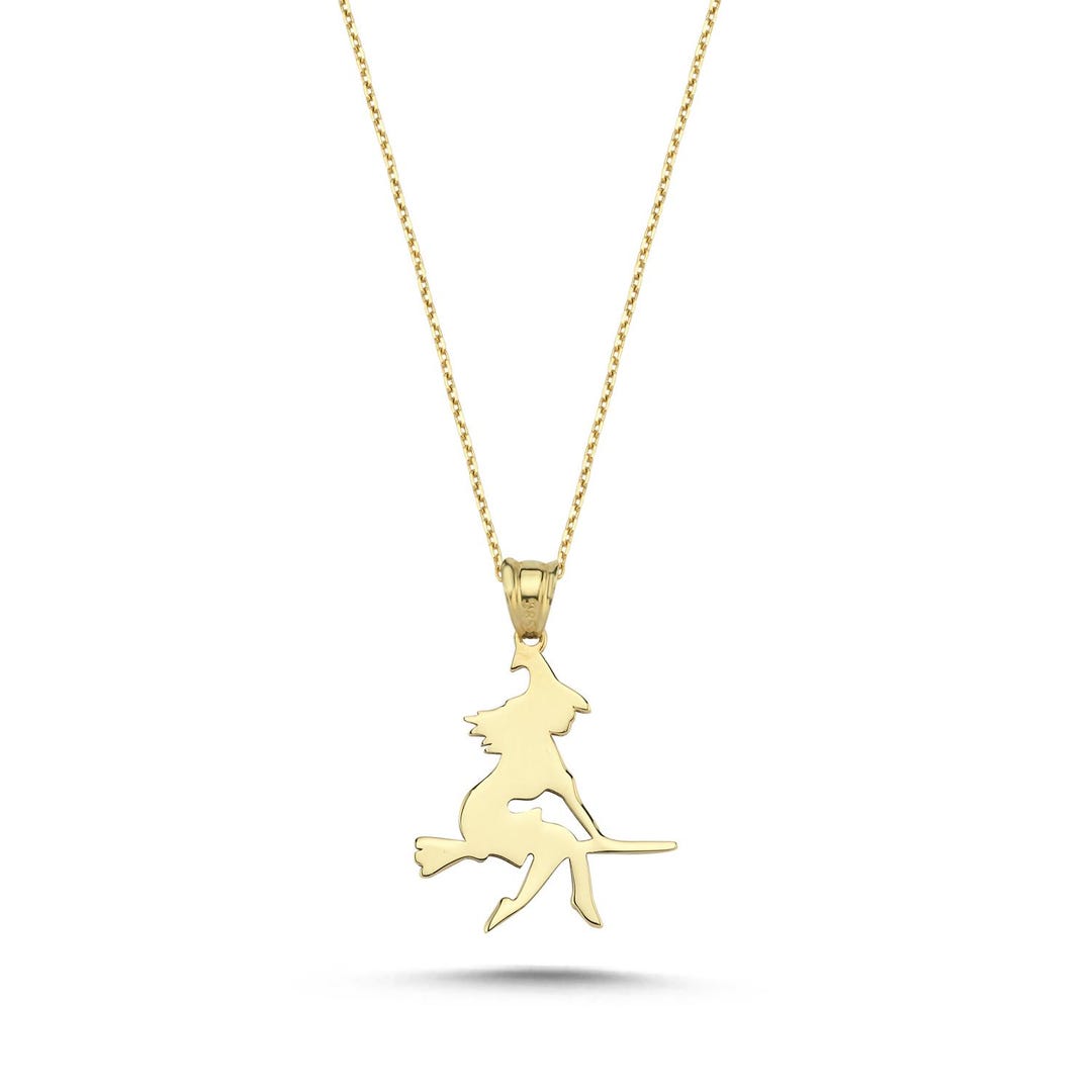 14K Gold Witch With Broom Pendant, Flying Witch Charm Necklaces, Yellow ...