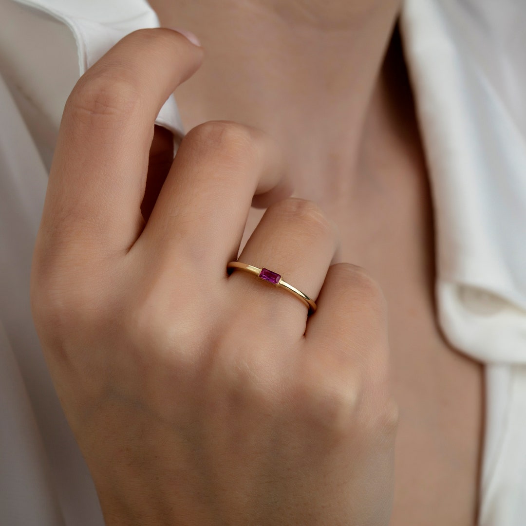 14K Gold Minimal Combined Ring With Colorful Stones, Minimal Ring ...