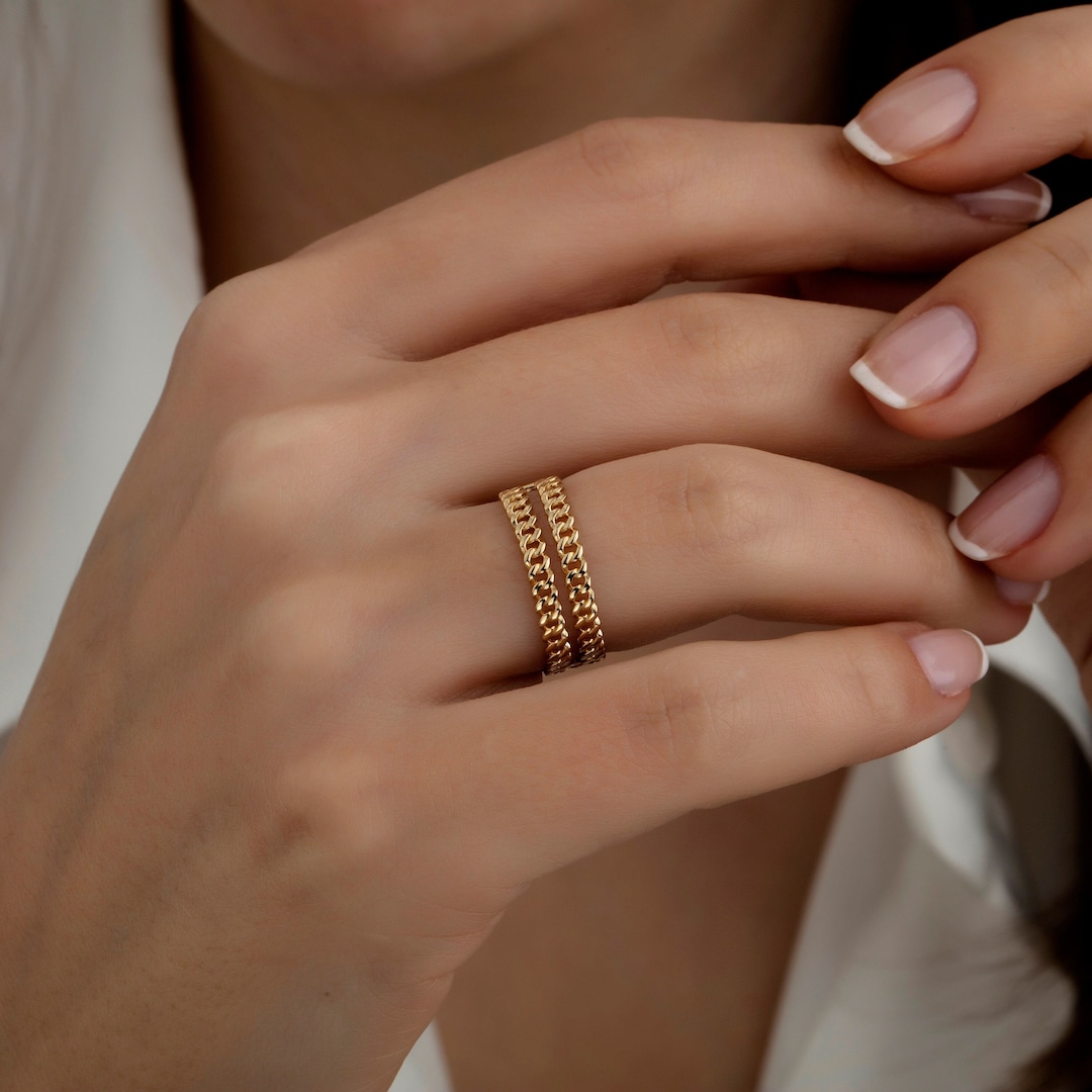 14K Solid Gold Double Chain Ring, Thick Chain Ring, Stone Ring, Nature ...