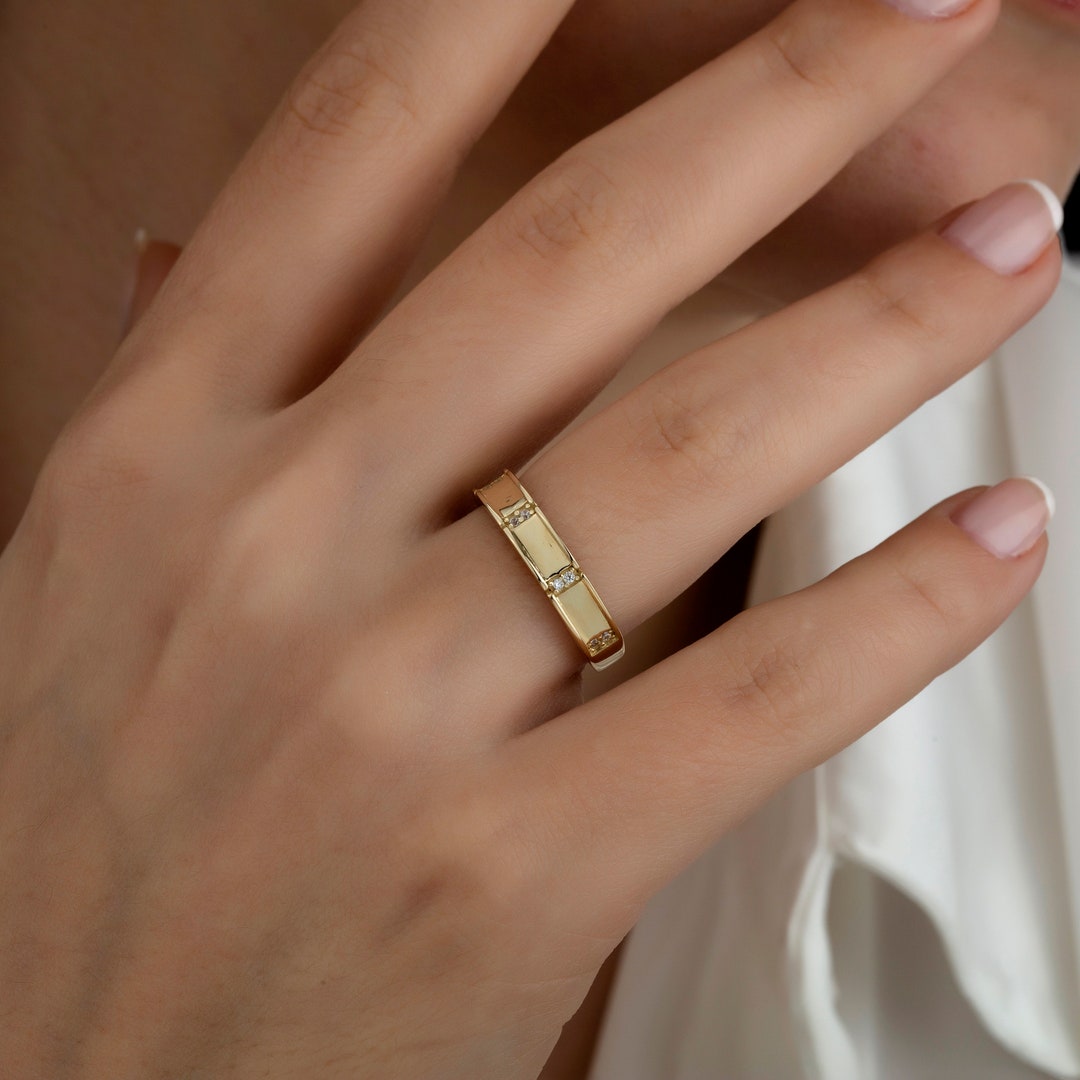14K Gold Minimal Combined Ring With Double Stones, Double Stones Ring ...