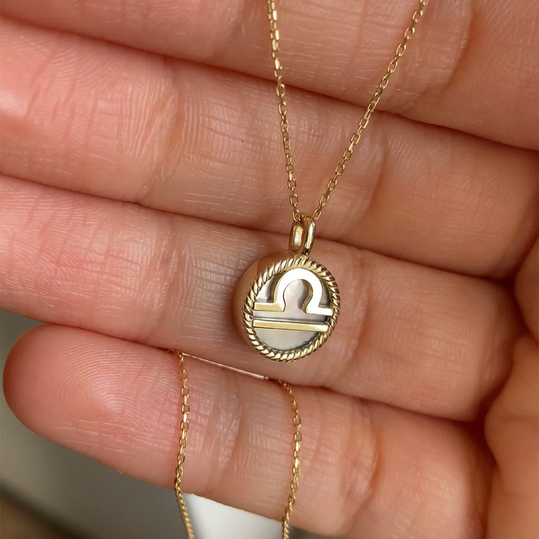 14K Gold Mother of Pearl Libra Zodiac Sign Pendant Necklace, Yellow ...
