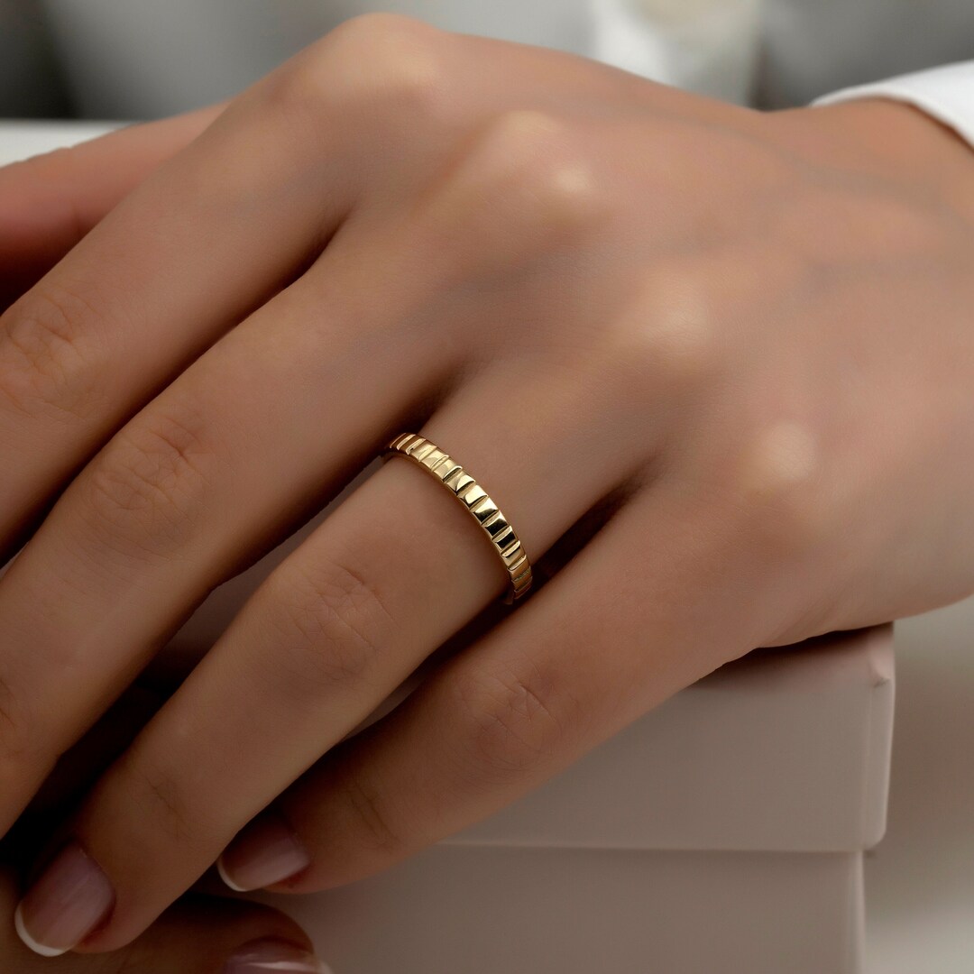 14K Gold Ribbed Combined Ring, Petite Dainty Ring, Serrated Ring ...