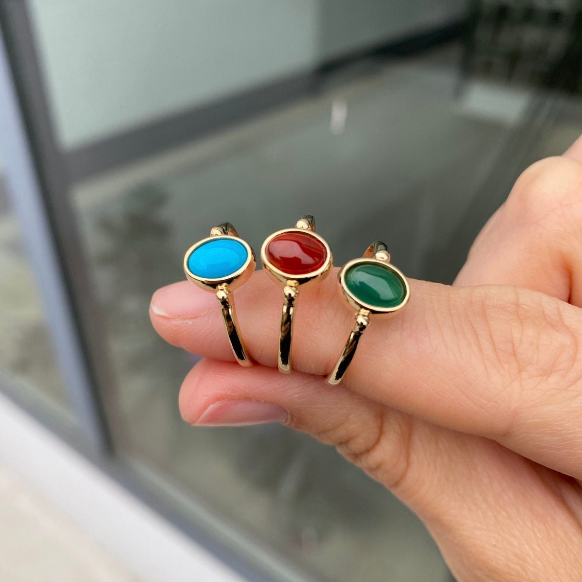 14K Gold Green Agate Stone Ring, Naturel Stoned Ring, Organic Stone ...