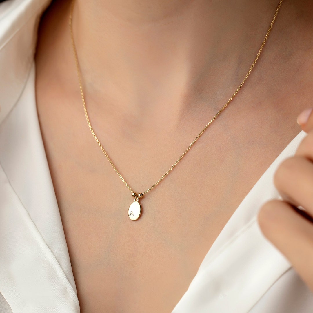 14K Solid Gold Ellipse Necklace, Dainty Minimalist Pendant - Etsy