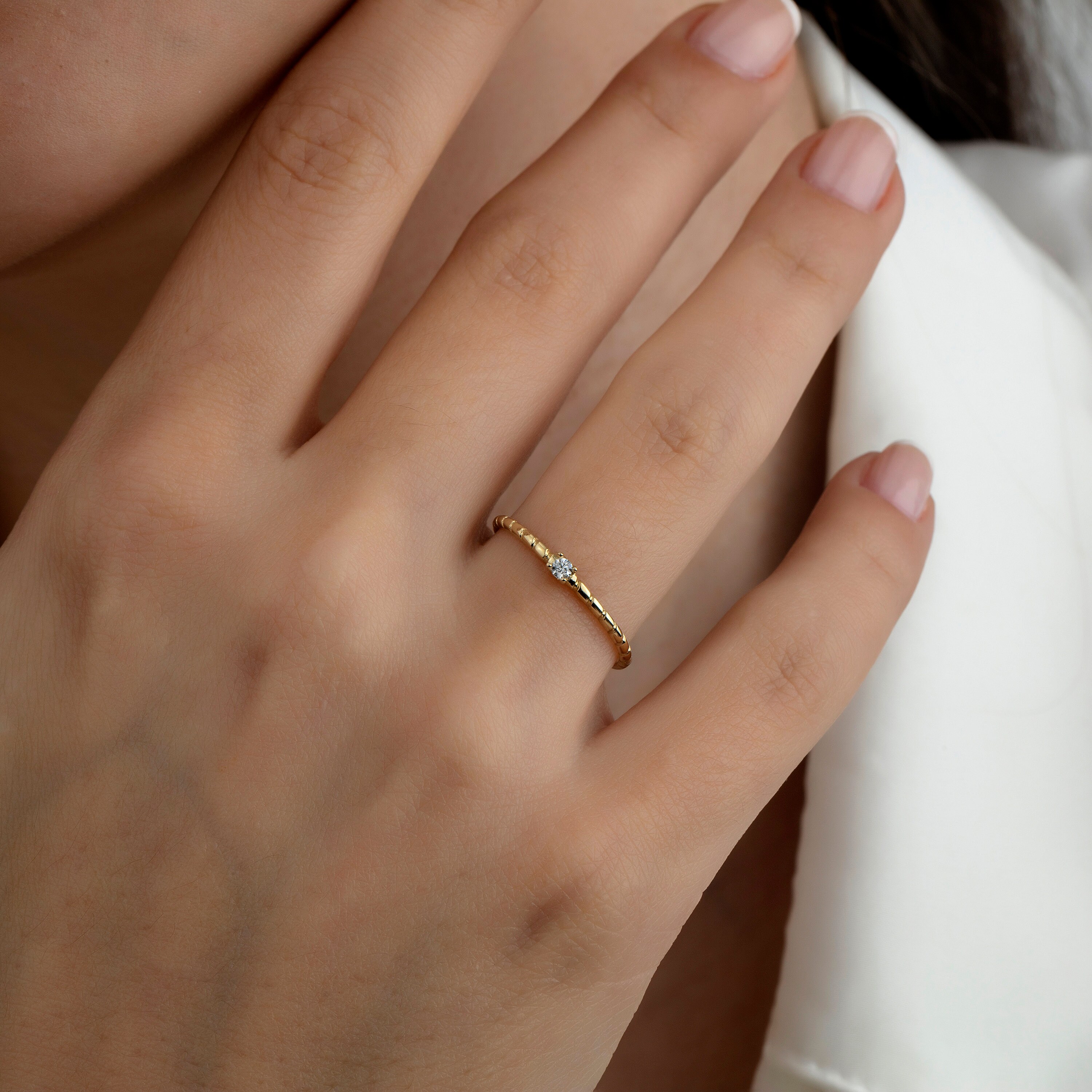 14K Gold Minimal Combined Ring With Stones, Stones Ring, Combinable ...