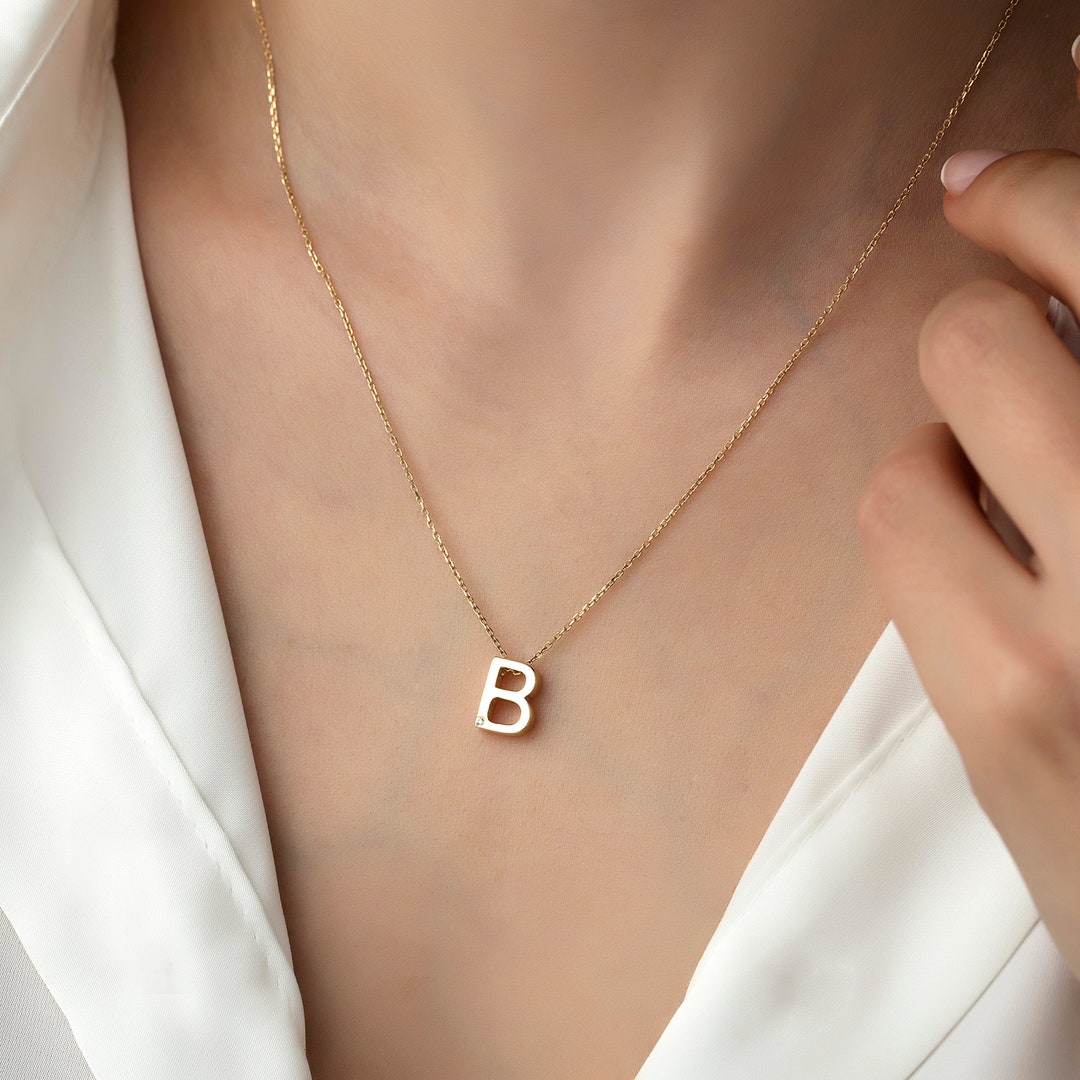 14K Solid Gold B Initial Necklace – Minimalist Handmade Jewelry - Etsy