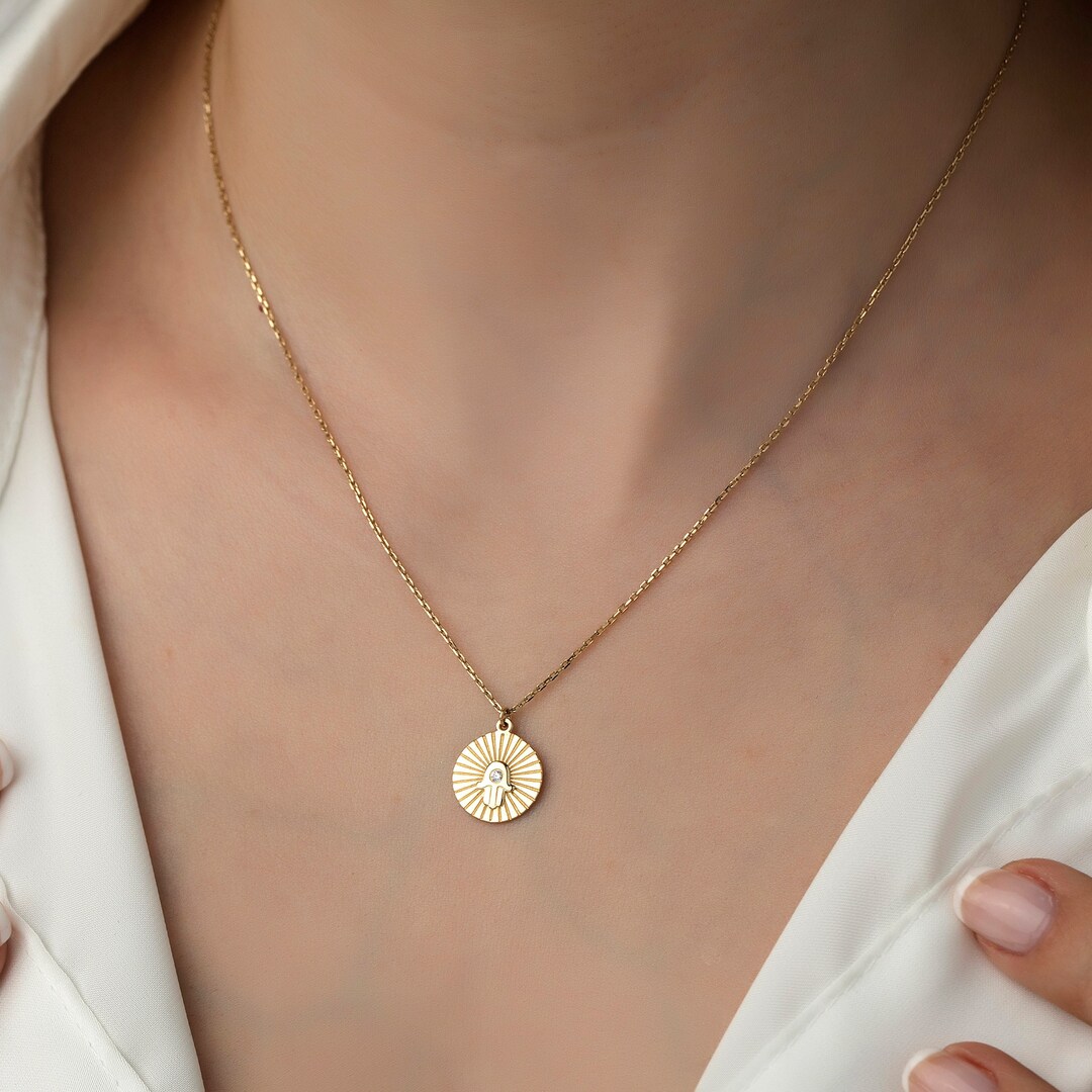 Beam Hamsa Necklace, 14K Gold Necklace, Hamsa Hand Gold Necklaces ...