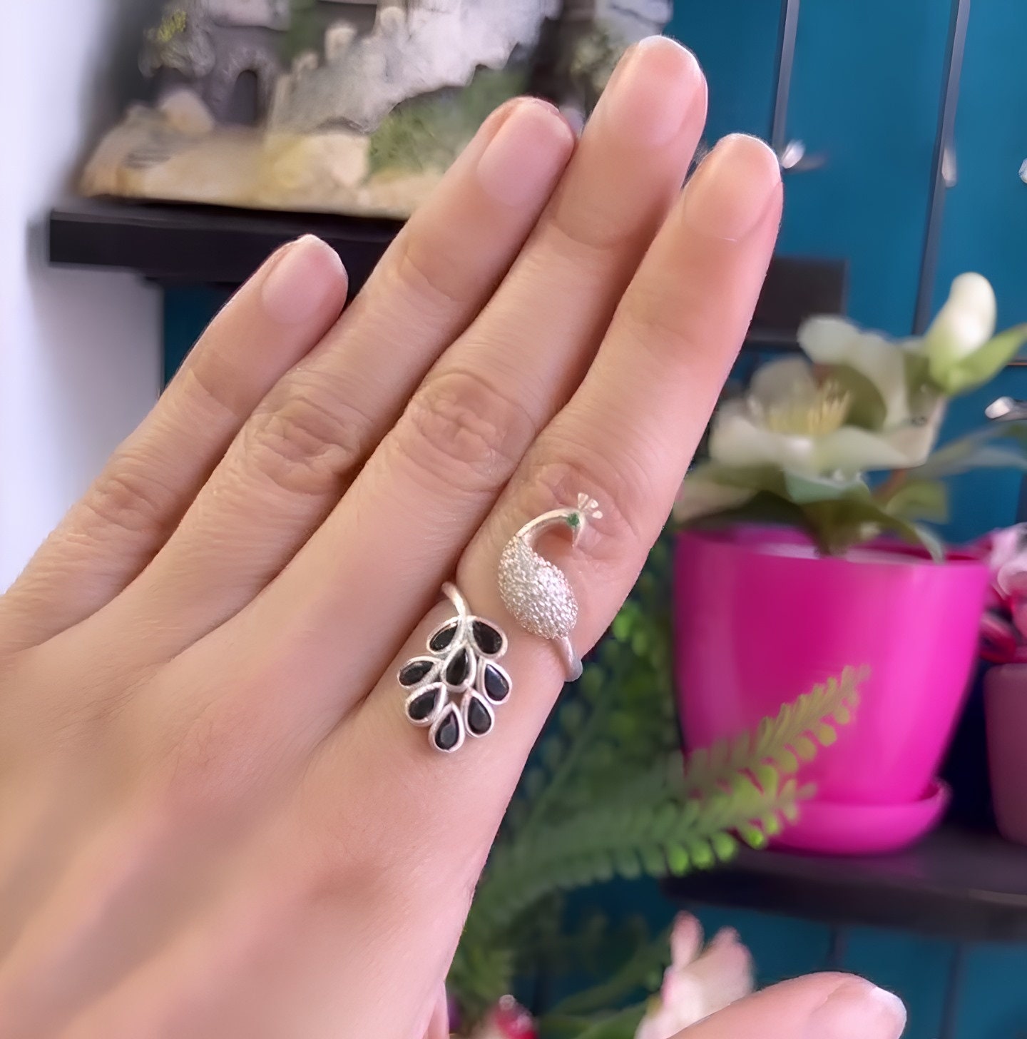 Silver Peacock Ring Handmade Silver Peacock Women's Ring Sapphire Stone Adjustable Bird Jewelry ...