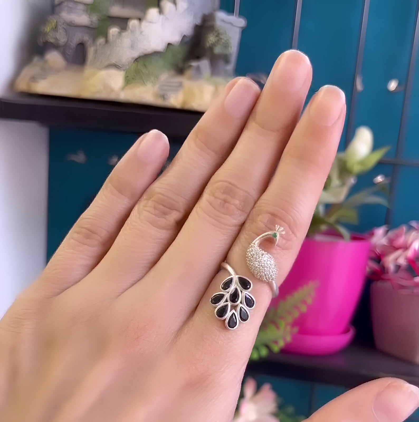 Silver Peacock Ring Handmade Silver Peacock Women's Ring Sapphire Stone Adjustable Bird Jewelry ...