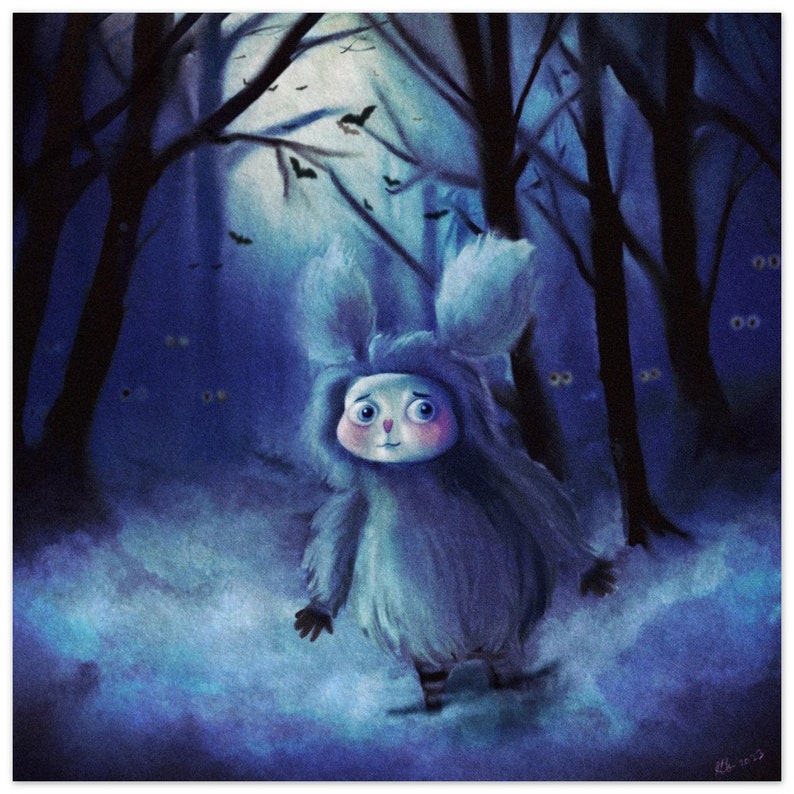 Enchanted Indigo Forest Art Print Spooky Woods Guardian With Cute Blue ...