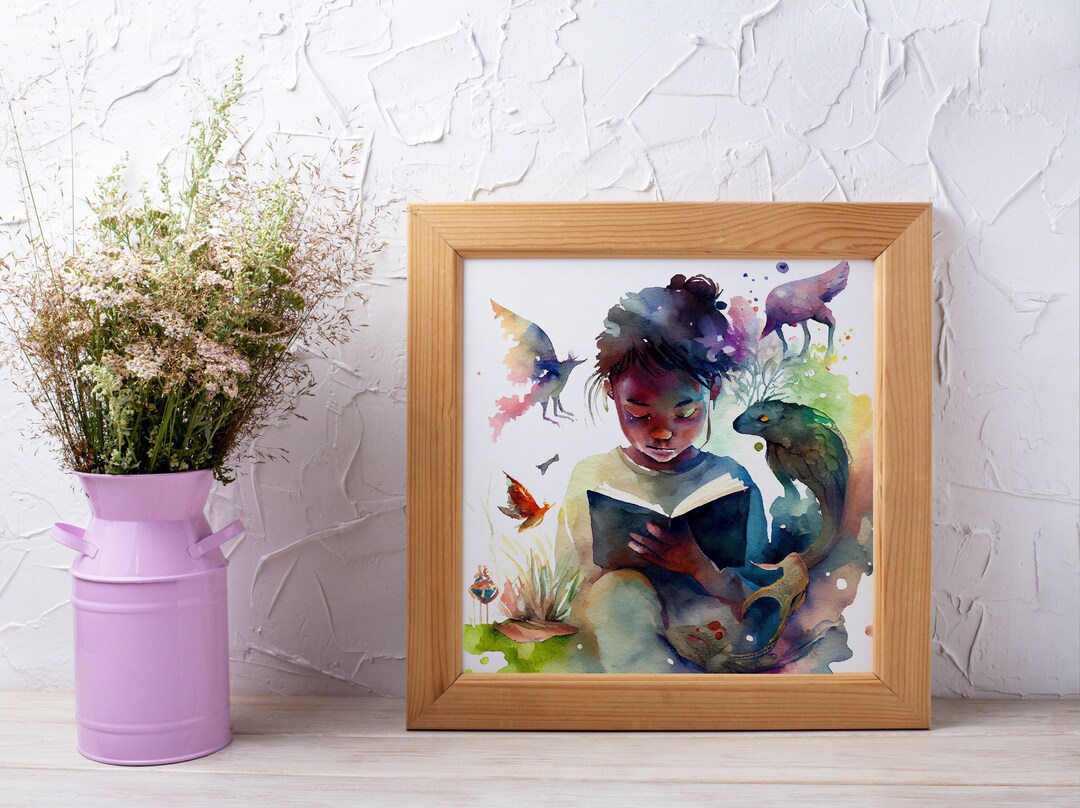 Bookworm Series 1 Colourful Watercolour Painting of Person Reading-book ...