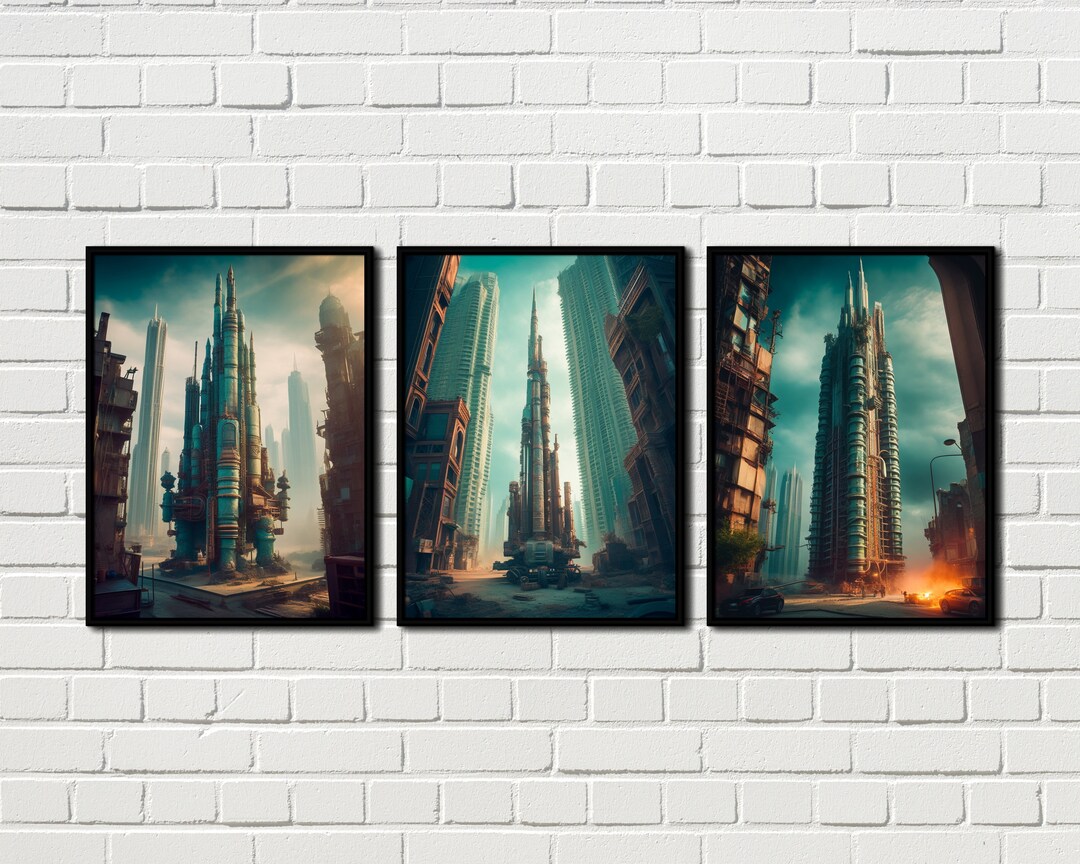 Steampunk Buildings Tryptic Art Print Digital Download Set of 3 Retro ...