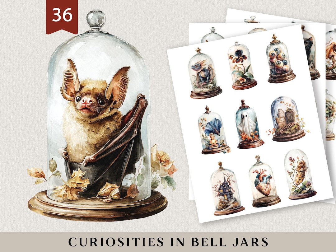 Curiosities in Bell Jars Watercolor PNG Set for Junk Journal, Gothic ...