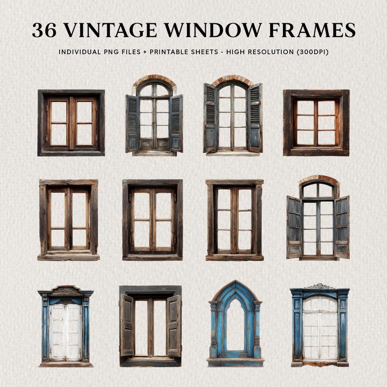 Vintage Window Frames PNG Set, Rustic Architectural Frames for Junk ...
