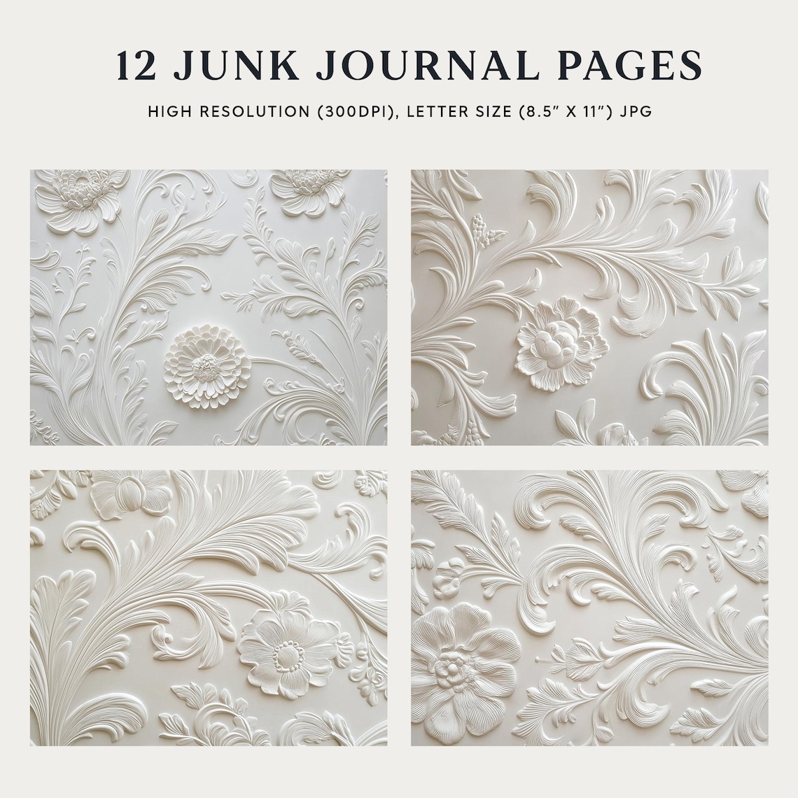 White Embossed Backgrounds With Floral Motifs - Junk Journal Pages ...