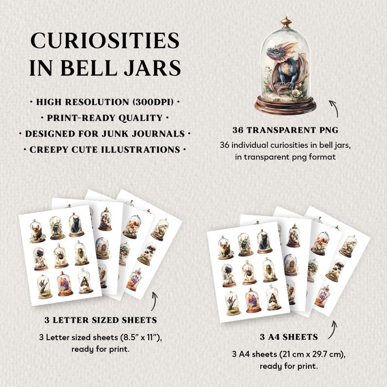 Curiosities in Bell Jars Watercolor PNG Set for Junk Journal, Gothic ...