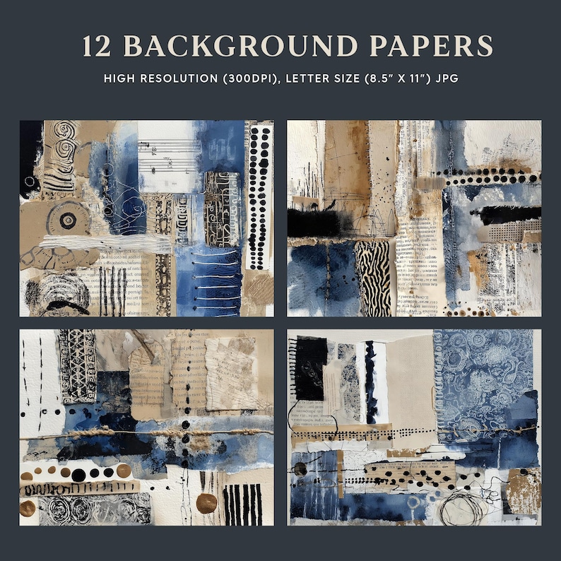 Vintage Indigo Journal Backgrounds, Blue Collage Paper Pack, Printable ...