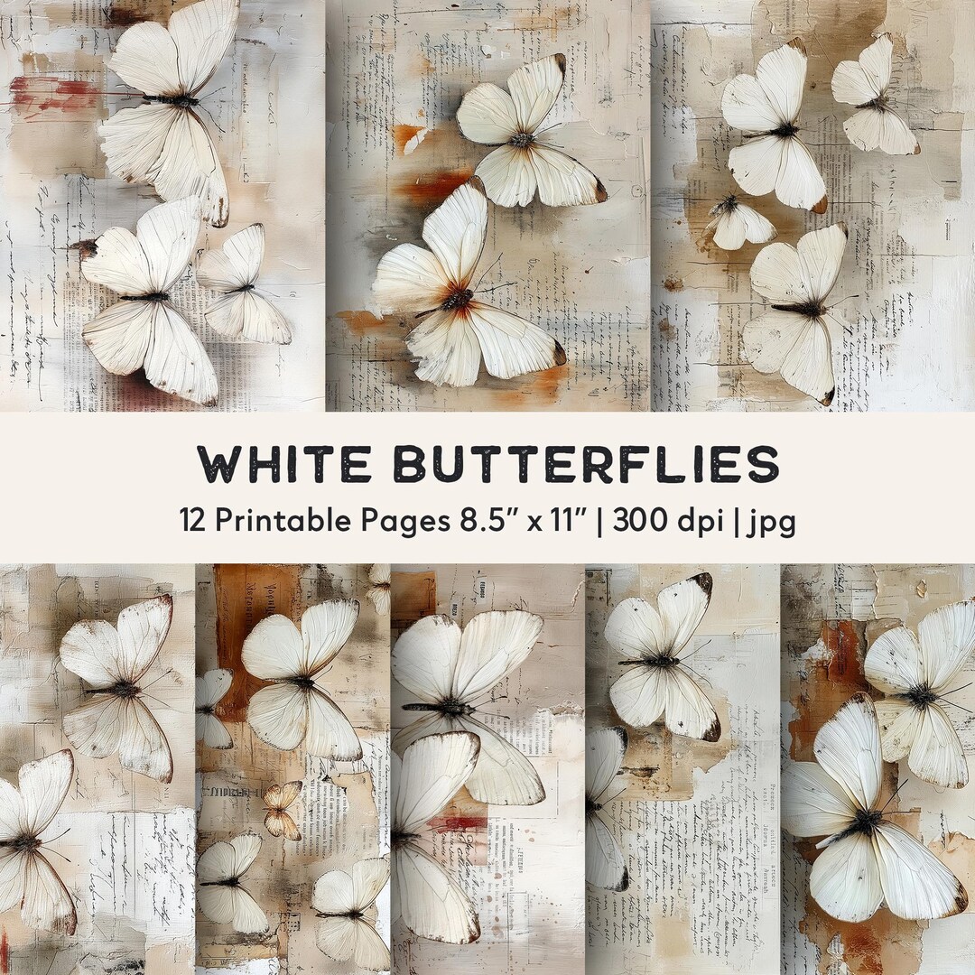 Shabby Chic White Vintage Butterflies Junk Journal Pages: Printable ...