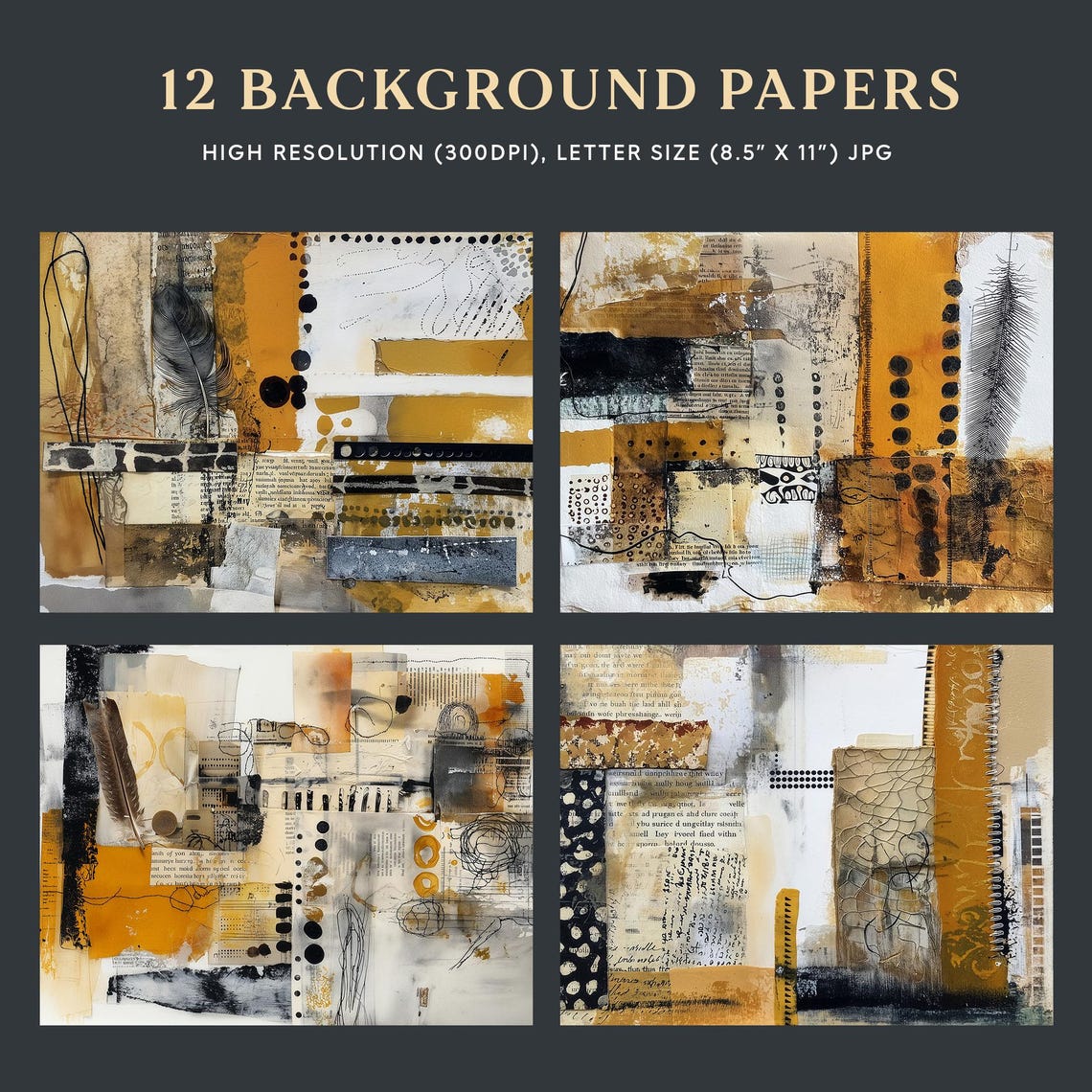 Abstract Collage Junk Journal Backgrounds, Ochre Neutral Papers, Mixed ...