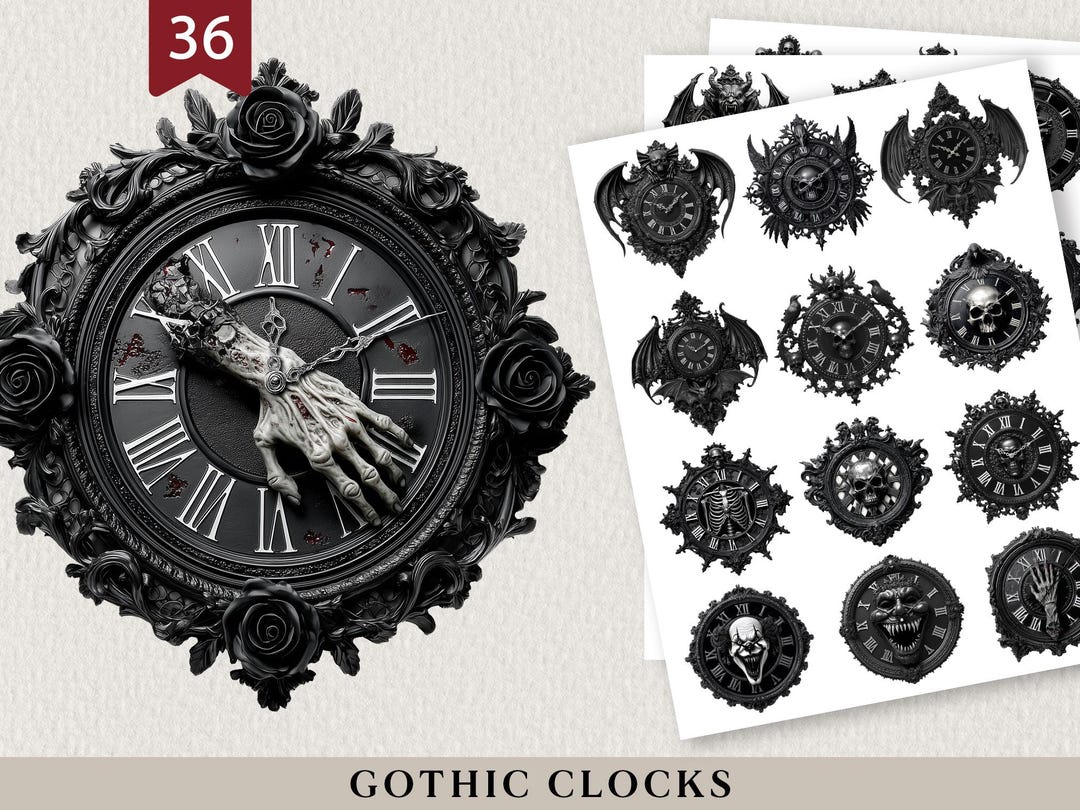 Black Gothic Clock Faces: 36 Dark Gothic Clocks, Printable Gothic ...