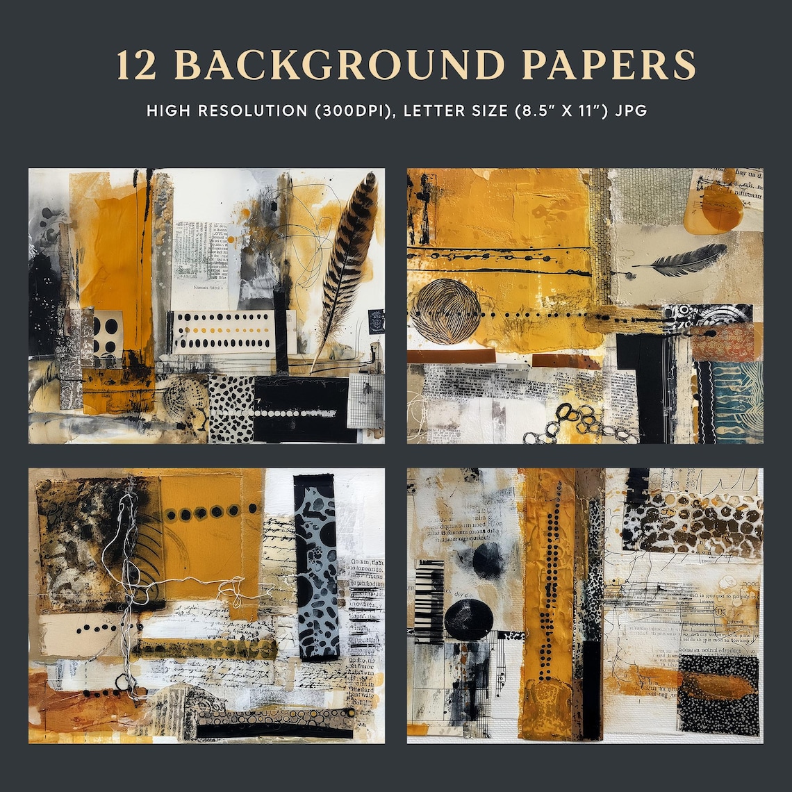 Abstract Collage Junk Journal Backgrounds, Ochre Neutral Papers, Mixed ...