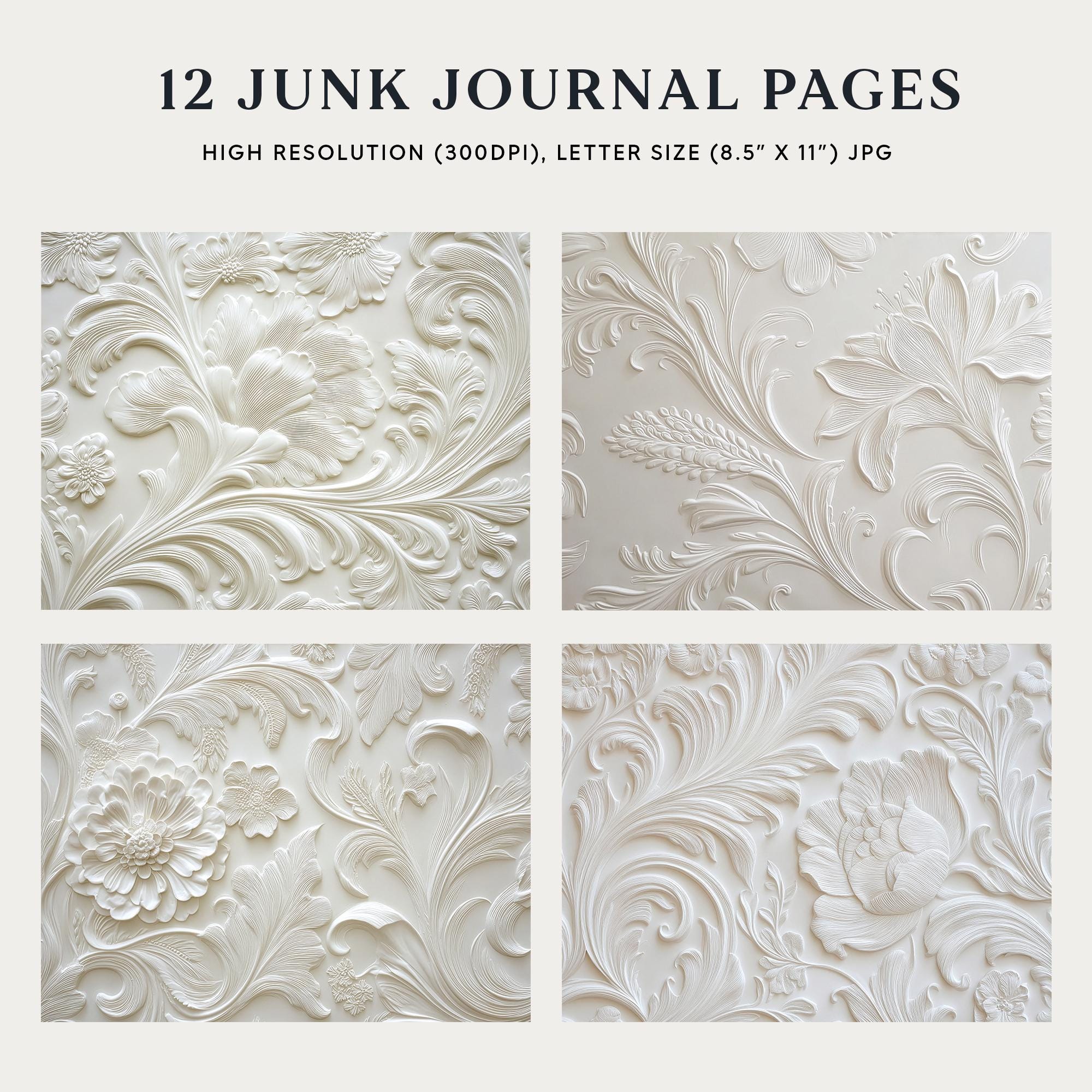 White Embossed Backgrounds With Floral Motifs - Junk Journal Pages ...