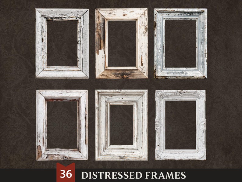 Distressed White Frames PNG Set, Rustic Shabby Picture Frames ...