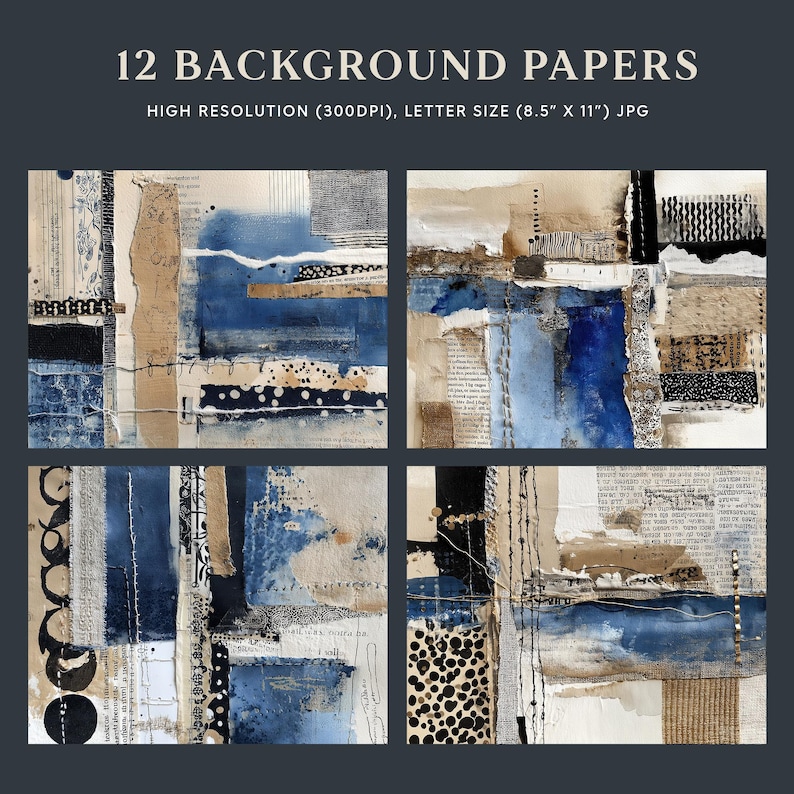 Vintage Indigo Journal Backgrounds, Blue Collage Paper Pack, Printable ...