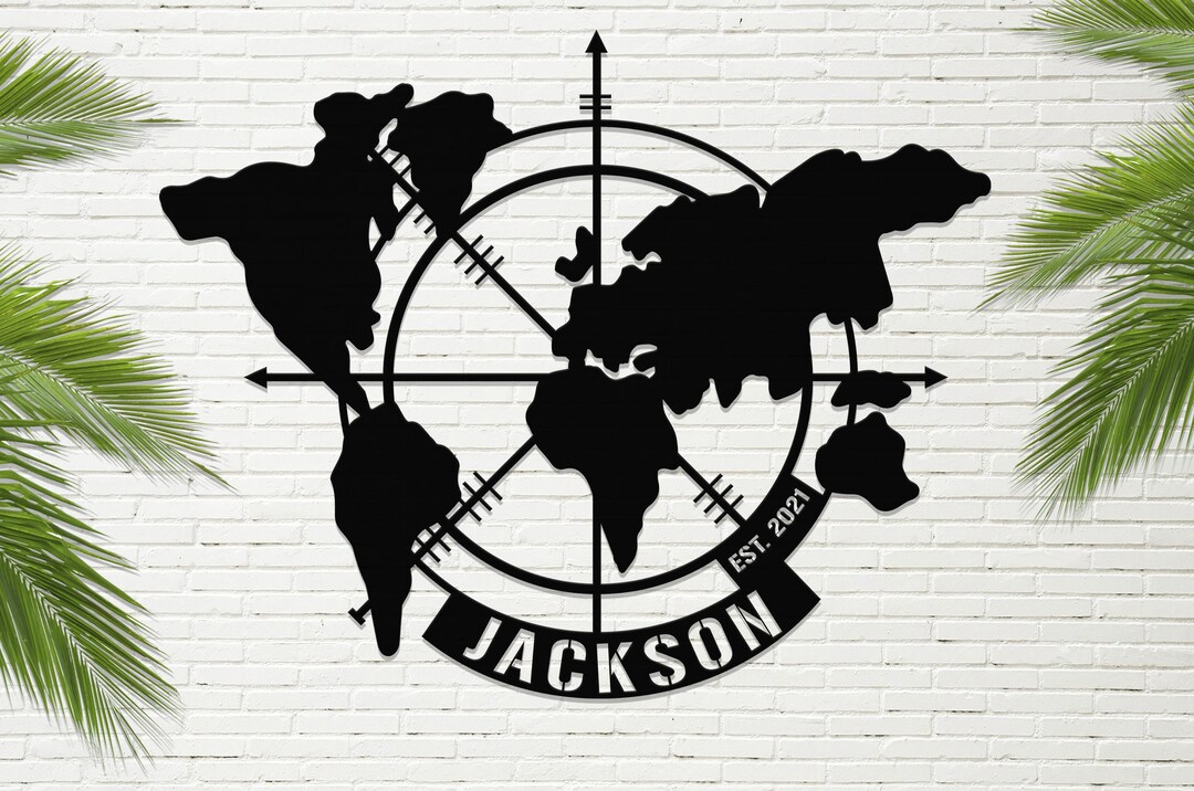 Personalized World Map Metal Wall Art, World Map Compass, Custom Metal ...