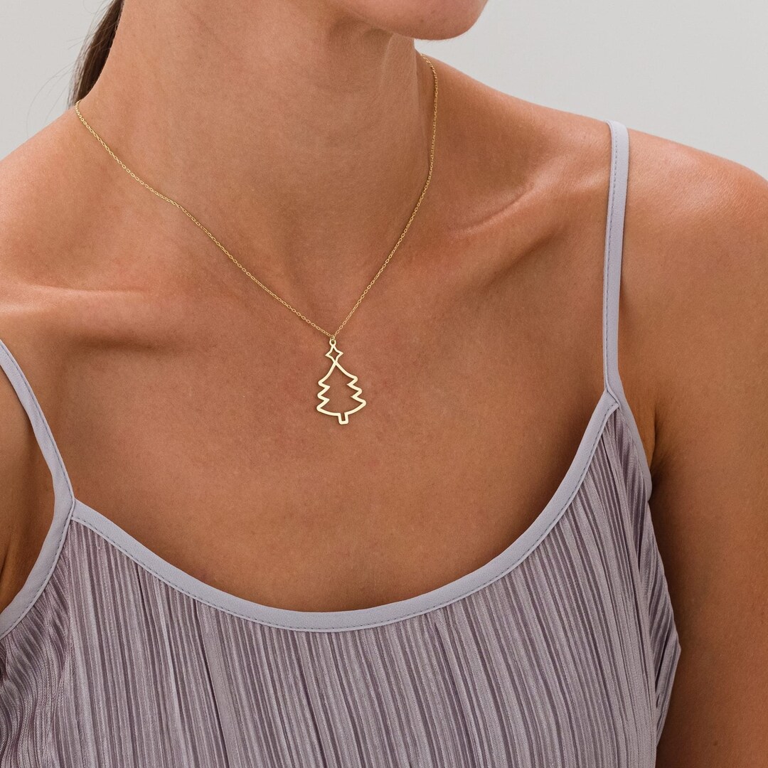 Gold Christmas Tree Necklace, Pine Tree Pendant, Holiday Jewelry ...