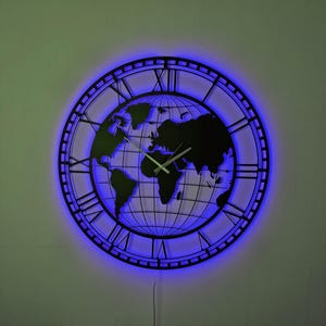 LED World Map Metal Wall Clock - Oversized Illuminated Silent Clocks ...