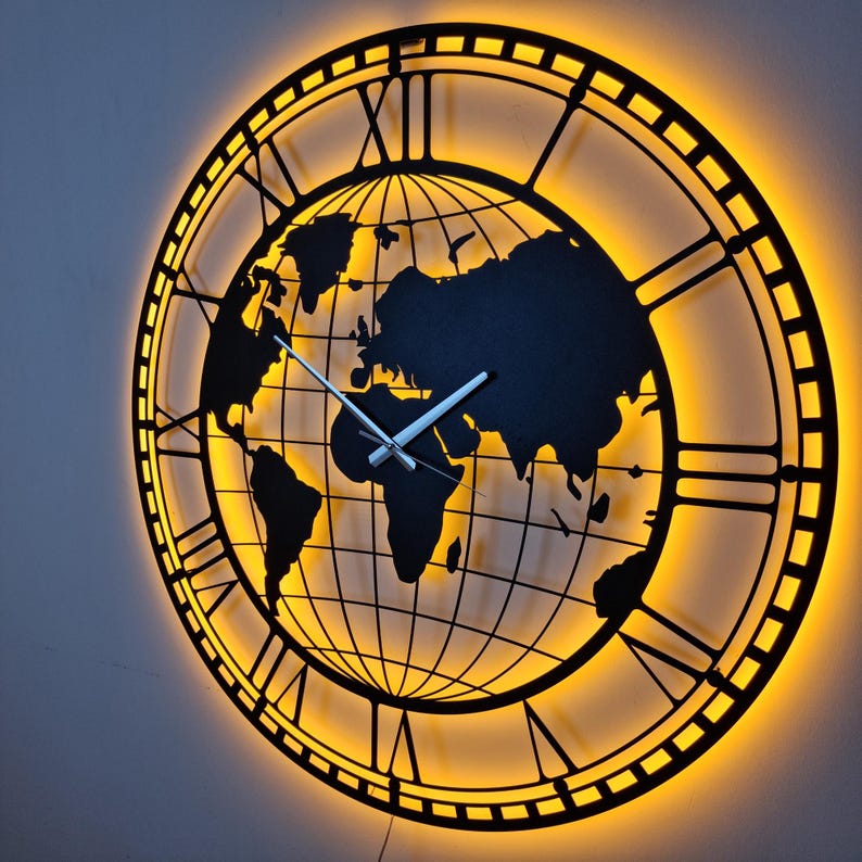 LED World Map Metal Wall Clock: Illuminated Globe Art, Silent Clock ...