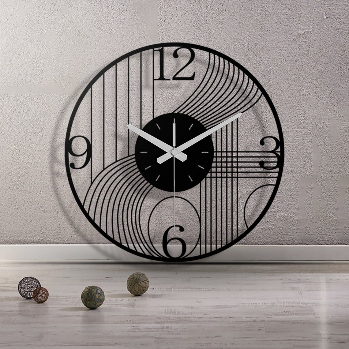 Modern Black Metal Wall Clock With Geometric Design and Large Numerals ...