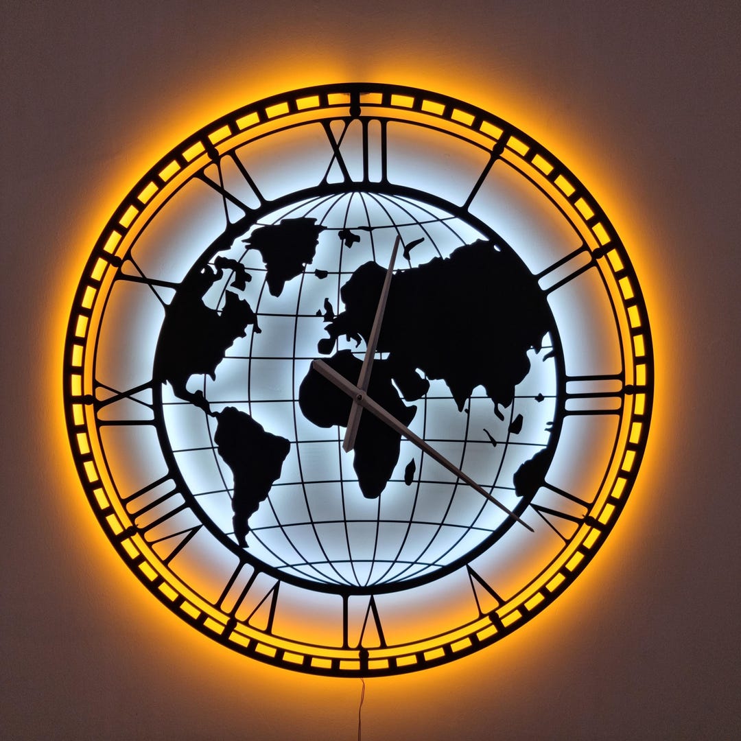 LED World Map Metal Wall Clock - Oversized Illuminated Silent Clocks ...