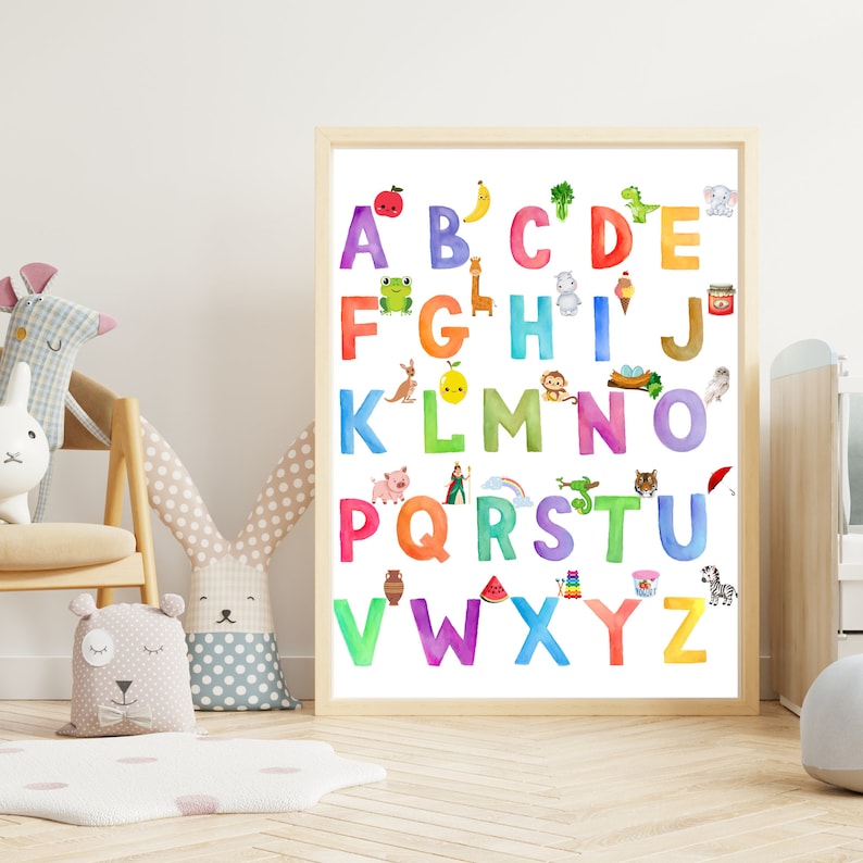Alphabet Poster With Pictures for Kids Room Decor, Kindergarten ...