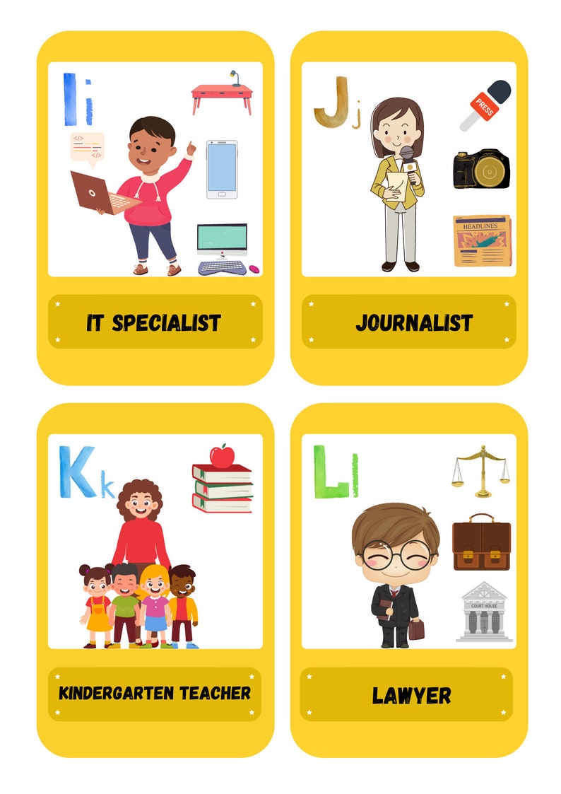 Job Cards for Kids With Alphabet, Alphabet Occupation Cards, Printable ...