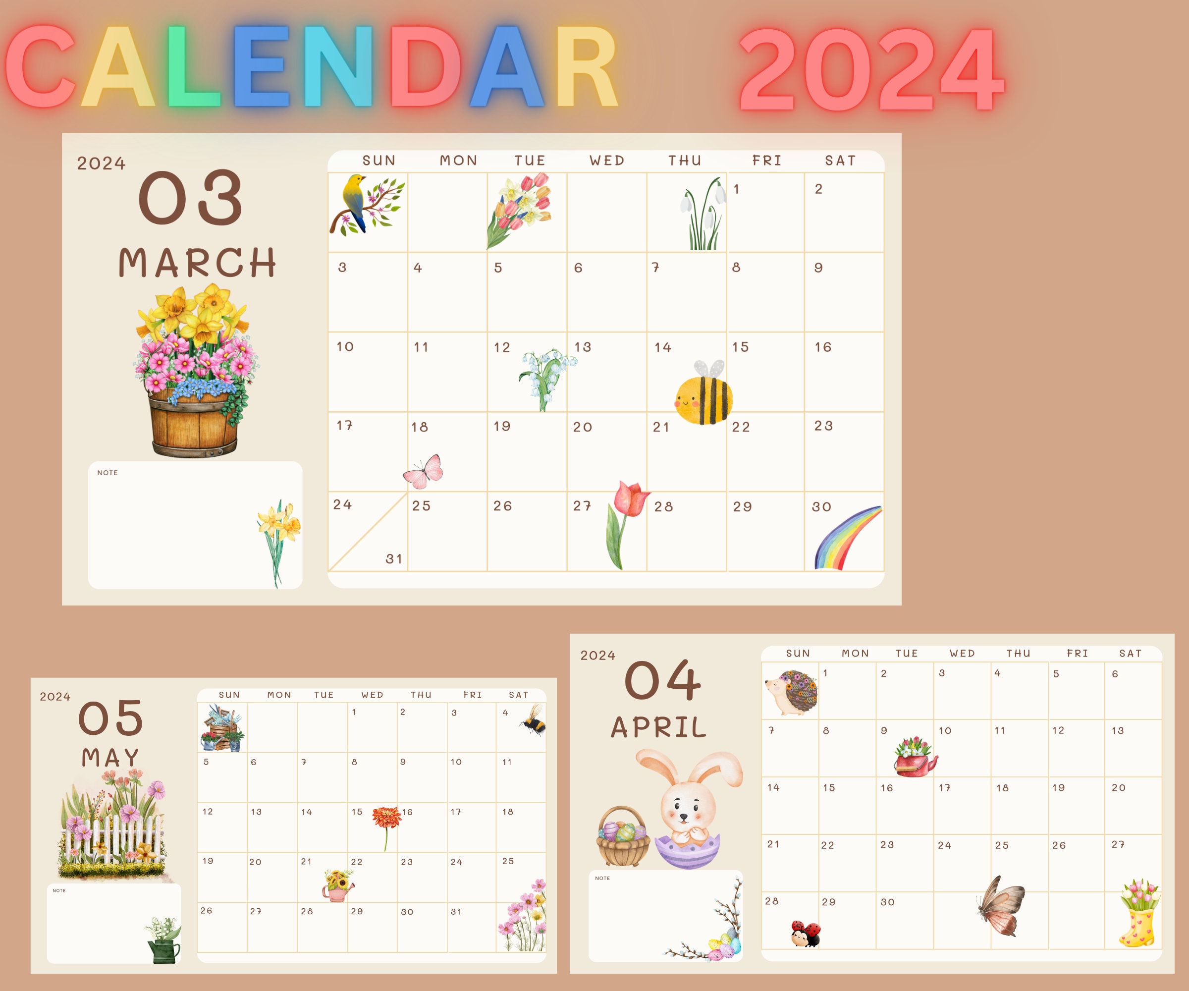 Calendar 2024 for Kids and Family PDF Printable Themed - Etsy