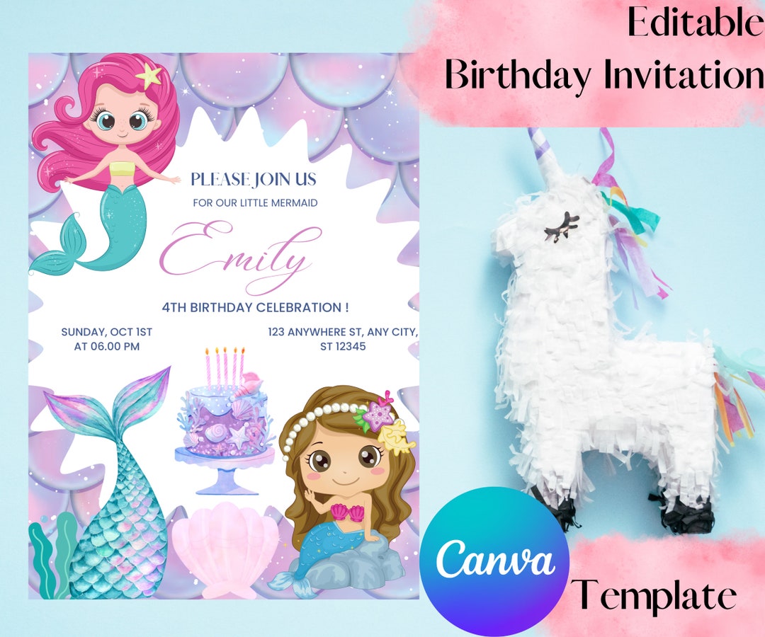 EDITABLE Mermaid Birthday Invitation CANVA Template, Digital Birthday ...